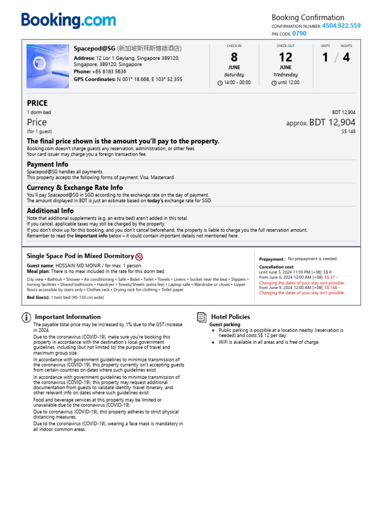 HOSSAIN MD MONIR Booking - Com - Confirmation | PDF | Payments | Fee