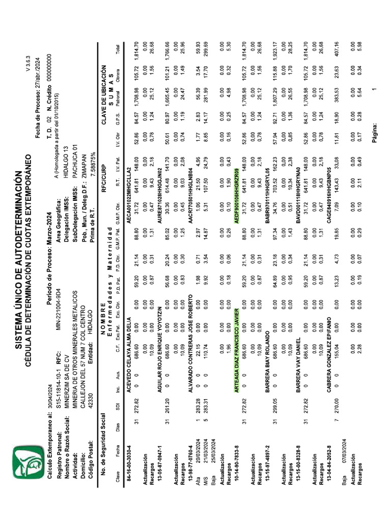 Reporte Del Personal Imss Minerzim Sa de CV | PDF