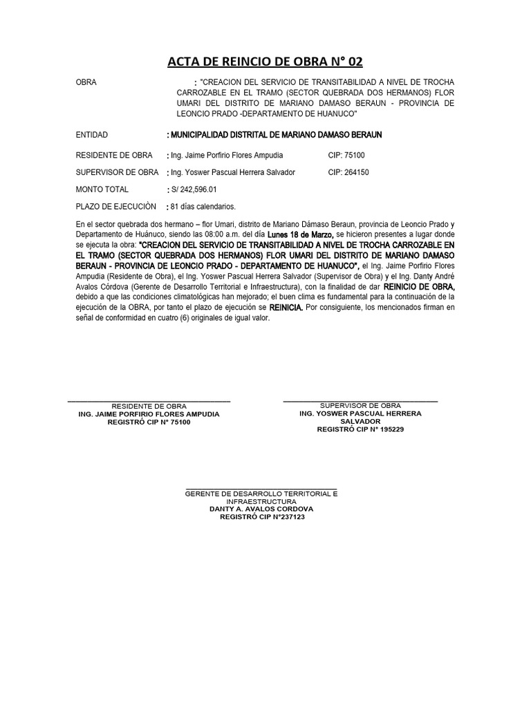 ACTA DE REINICIO DE OBRA FLOR UMARI N° 02 | PDF