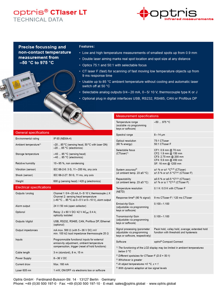 Optris Ctlaser LT Data Sheet | PDF | Thermocouple | Electrical Engineering