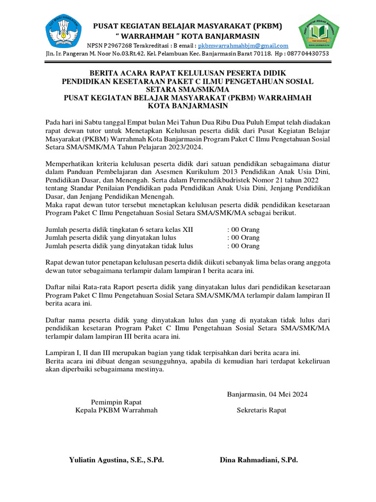 Rapat Kelulusan Paket C PKBM Warrahmah | PDF