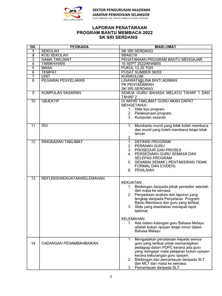 Laporan Penataraan Program Bantu Membaca | PDF