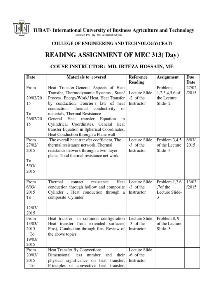 Reading Assignment of Mec 313 Day | PDF | Thermal Conduction | Heat Transfer