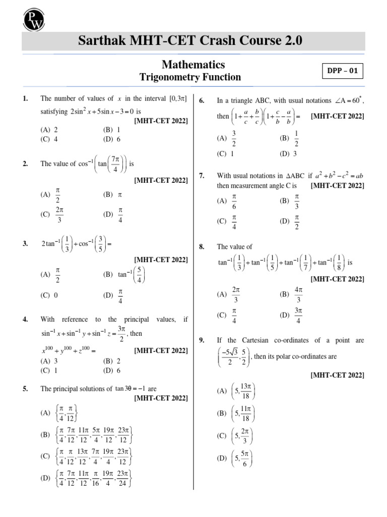 Trigonometry Function - DPP 01 - Sarthak MHT-CET Crash Course 2.0 | PDF | Trigonometric ...