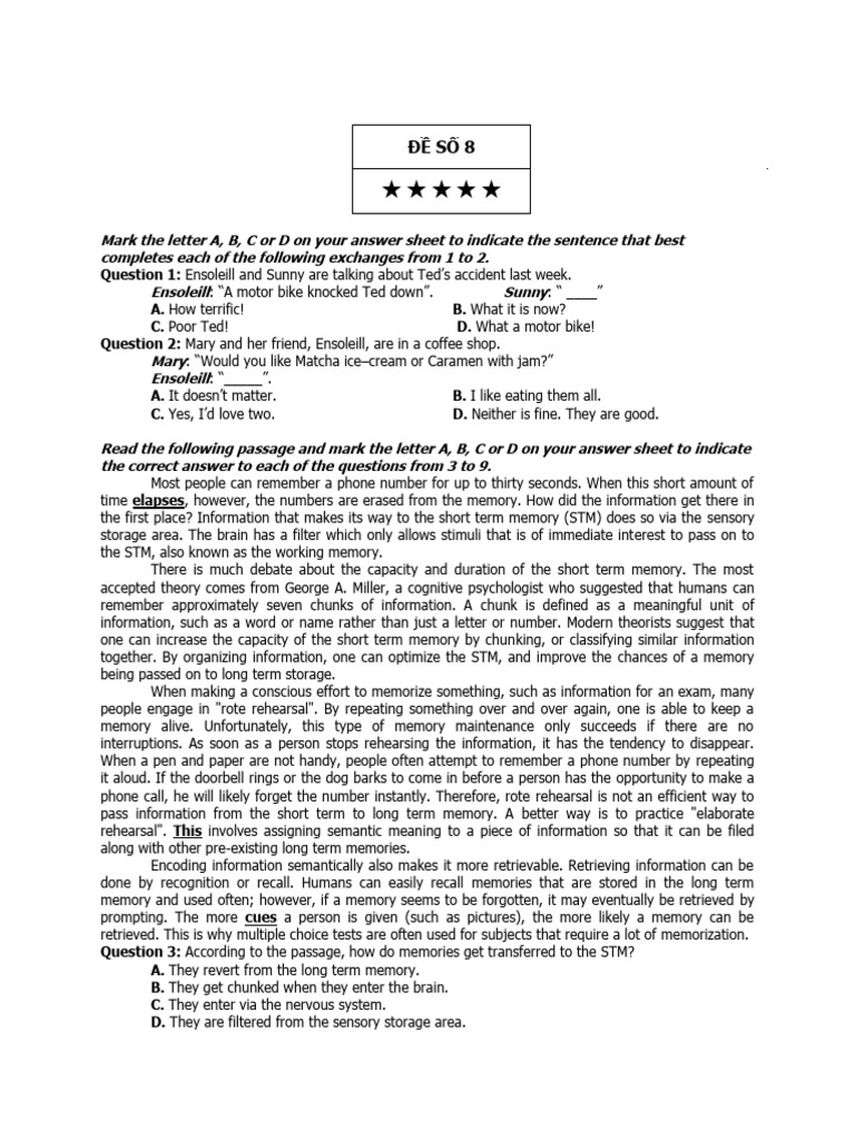 ĐỀ SỐ 8 | PDF | Memory | Mental Processes