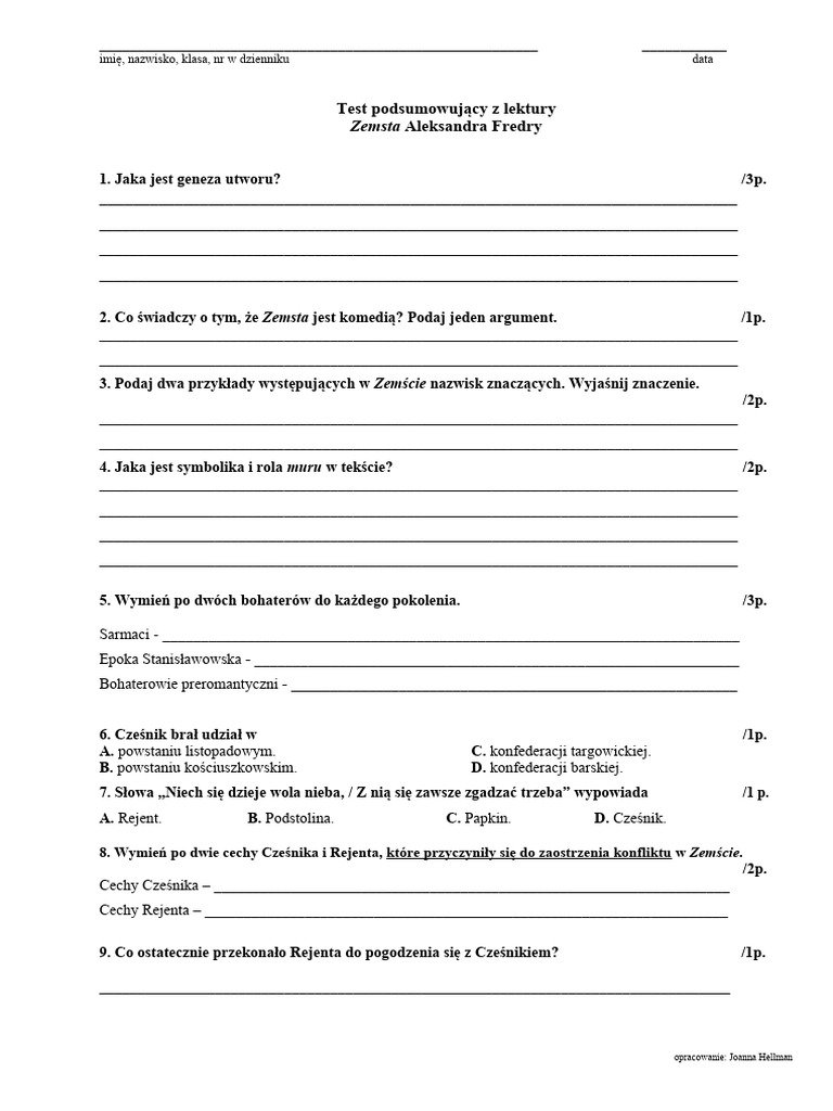 Zemsta - Test Podsumowujący | PDF
