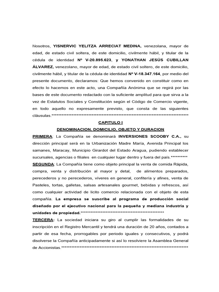 Acta Constitutiva Inversiones Scooby CA Defnitivo | PDF | Documento de identidad | Cheque