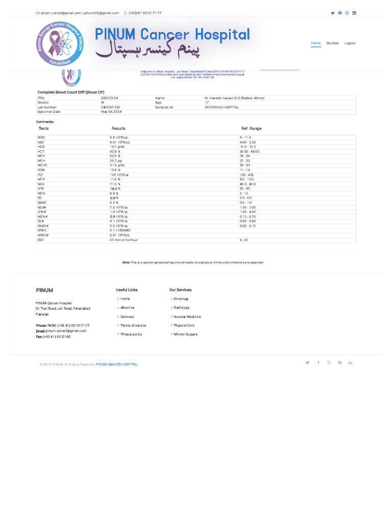 Report - PINUM Reporting | PDF | Hematology | Medical Tests