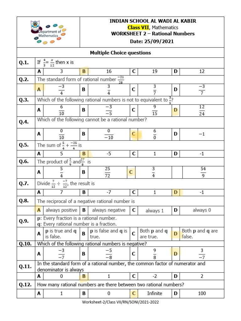 5000054-Worksheet No.2 - Rational Numbers - VII - Soni S | PDF ...