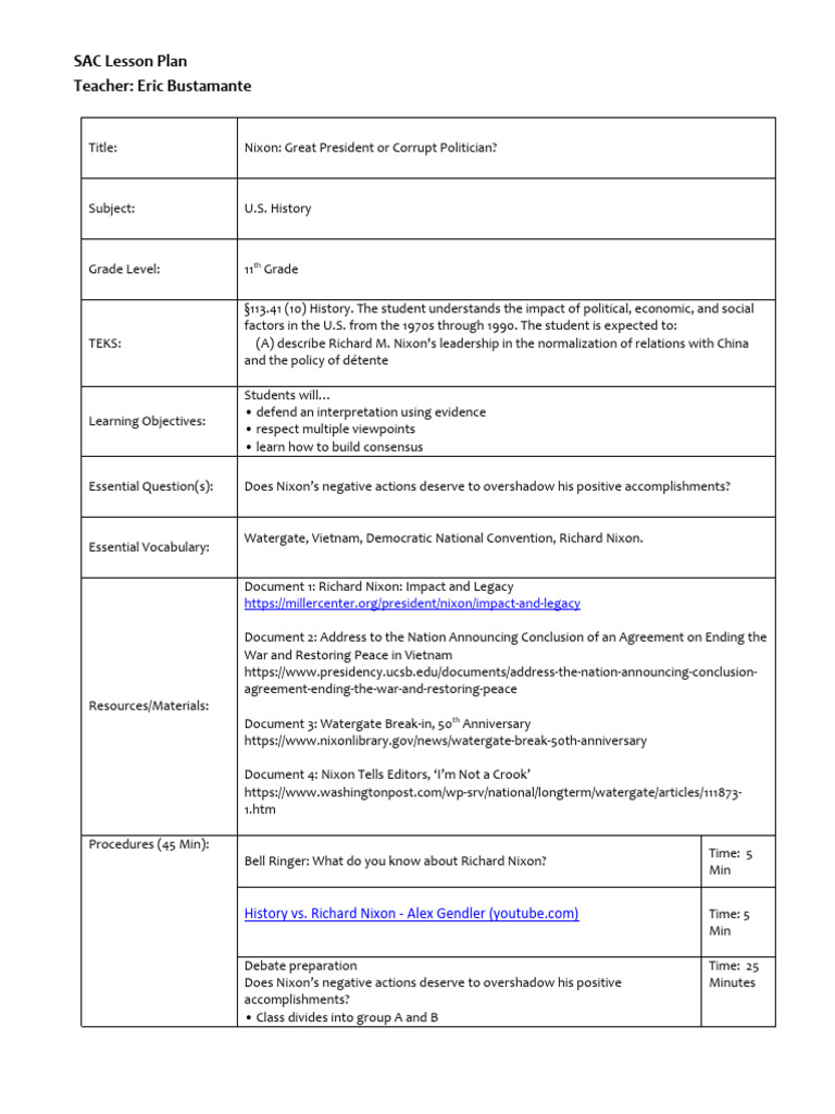 Eric Bustamante Sac Lesson Plan | PDF | Richard Nixon | Lesson Plan
