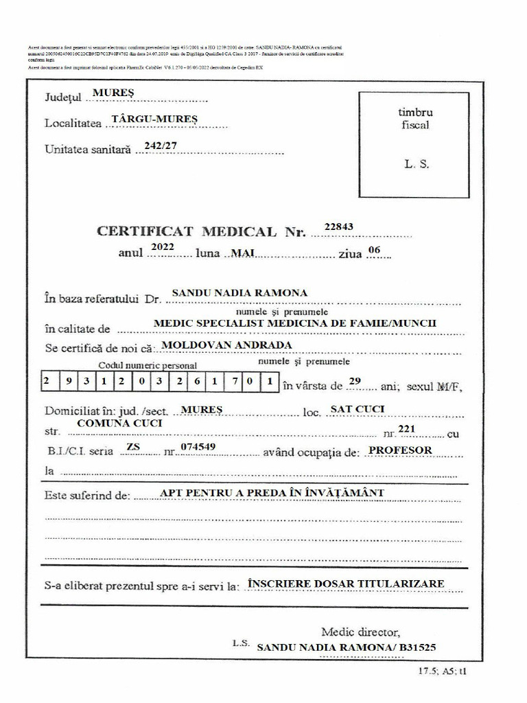 Model Certificat Medical Tip A5 Nadia Sandu Titulrizare | PDF