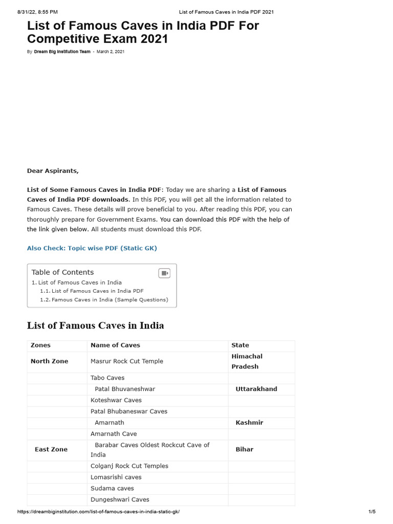List of Famous Caves in India PDF 2021 | PDF | Subterranea (Geography ...