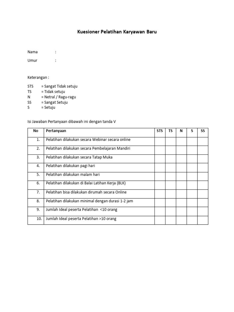 Kuesioner Pelatihan Karyawan Baru | PDF | Karier & Perkembangan