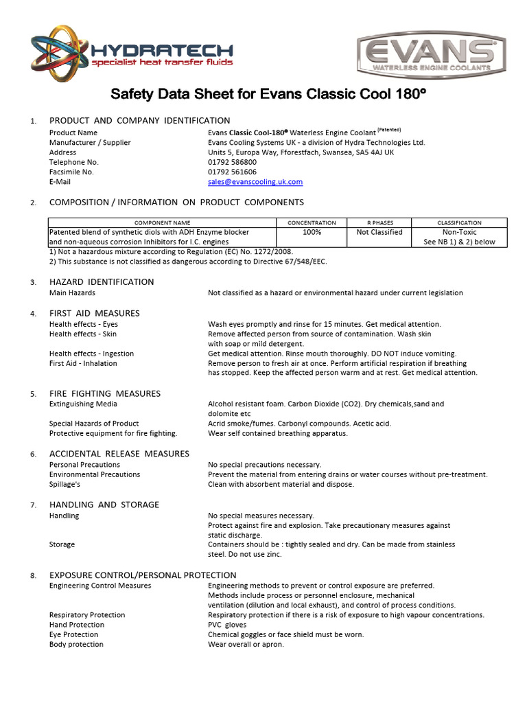 Evans Classic Cool-180 MSDS | PDF | Hazards | Carbon Dioxide
