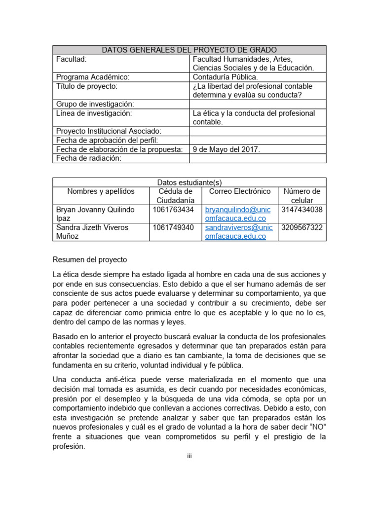Datos Generales Del Proyecto de Grado | PDF | Contador | Comportamiento
