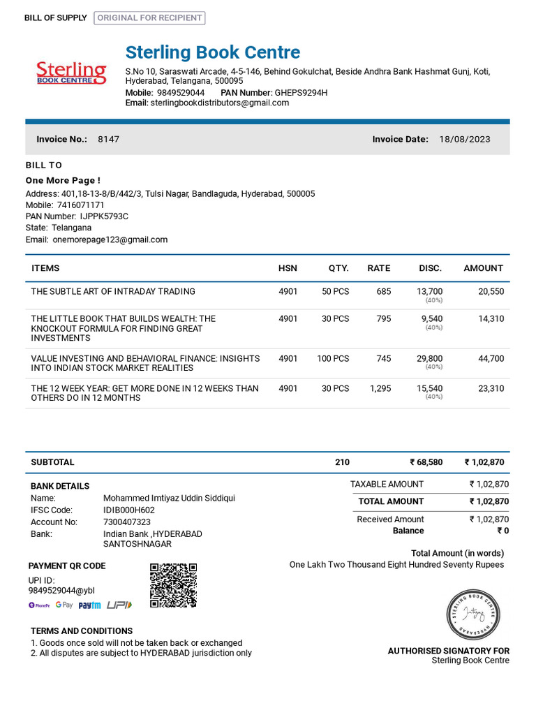 Invoice for Sterling Book Centre Purchase | PDF | Trade | Market ...