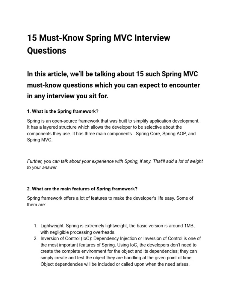 15 Must-Know Spring MVC Interview Questions | PDF | Spring Framework | Model–View–Controller
