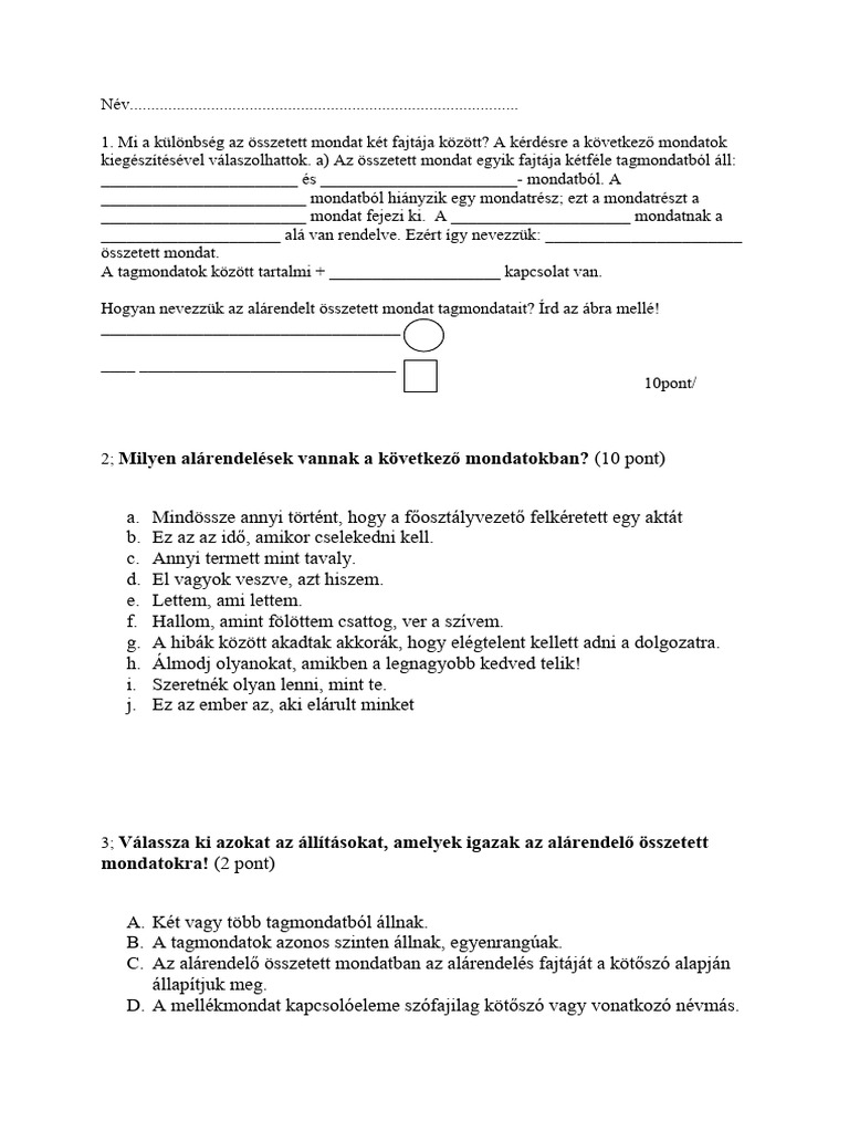 Témazáró 8. Osztály Nyelvtan | PDF