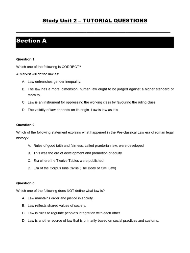 Study Unit 2 - TUTORIAL QUESTIONS | PDF | Judiciaries | Morality