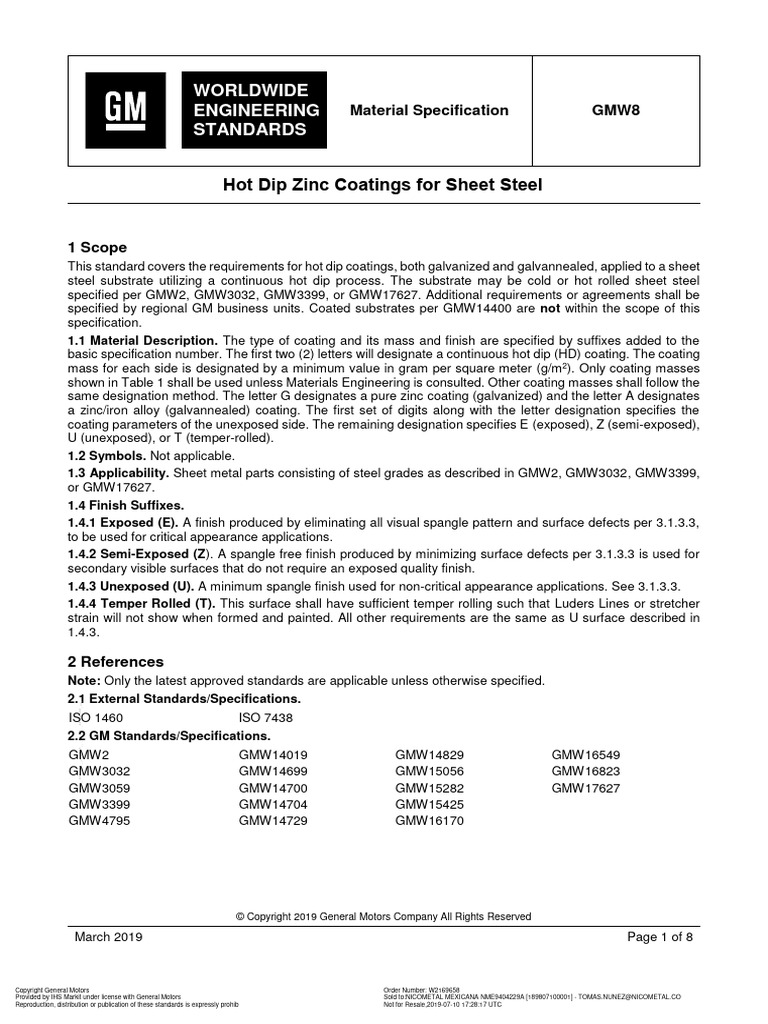 GMW8 2019 03 (Hot Dip Zinc Coating Sheet Steel) | PDF | Sheet Metal | Zinc
