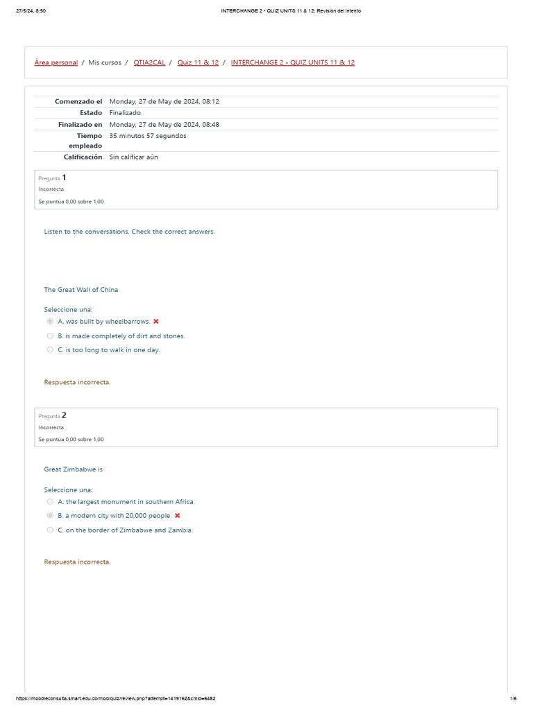 INTERCHANGE 2 - QUIZ UNITS 11 & 12 - Revisión Del Intento | PDF | Linguistics