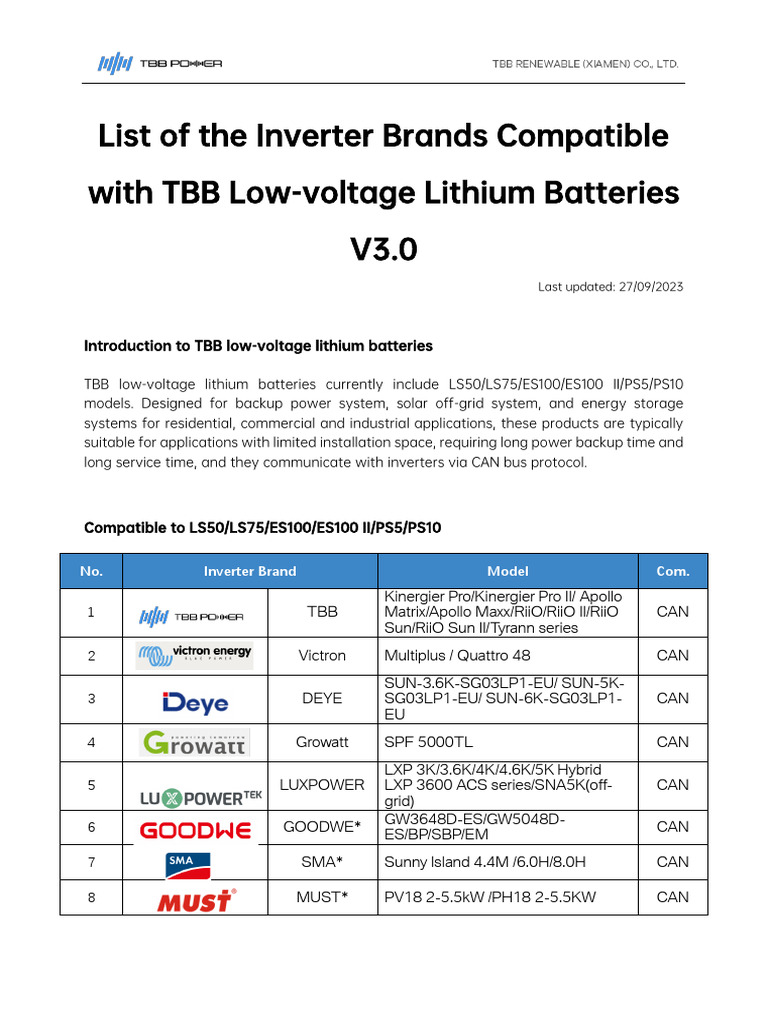 List of The Inverter Brands Compatible With TBB Low-Voltage Lithium Batteries V3.0 | PDF ...