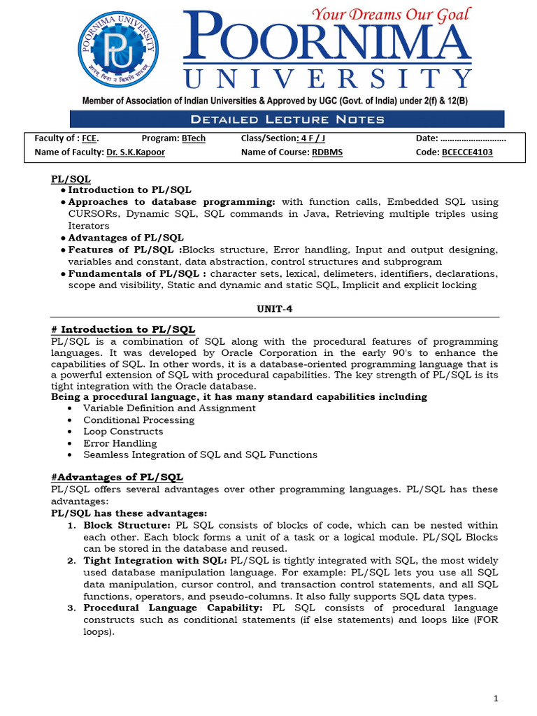 Rdbms Unit 4 Pdf Pl Sql Sql