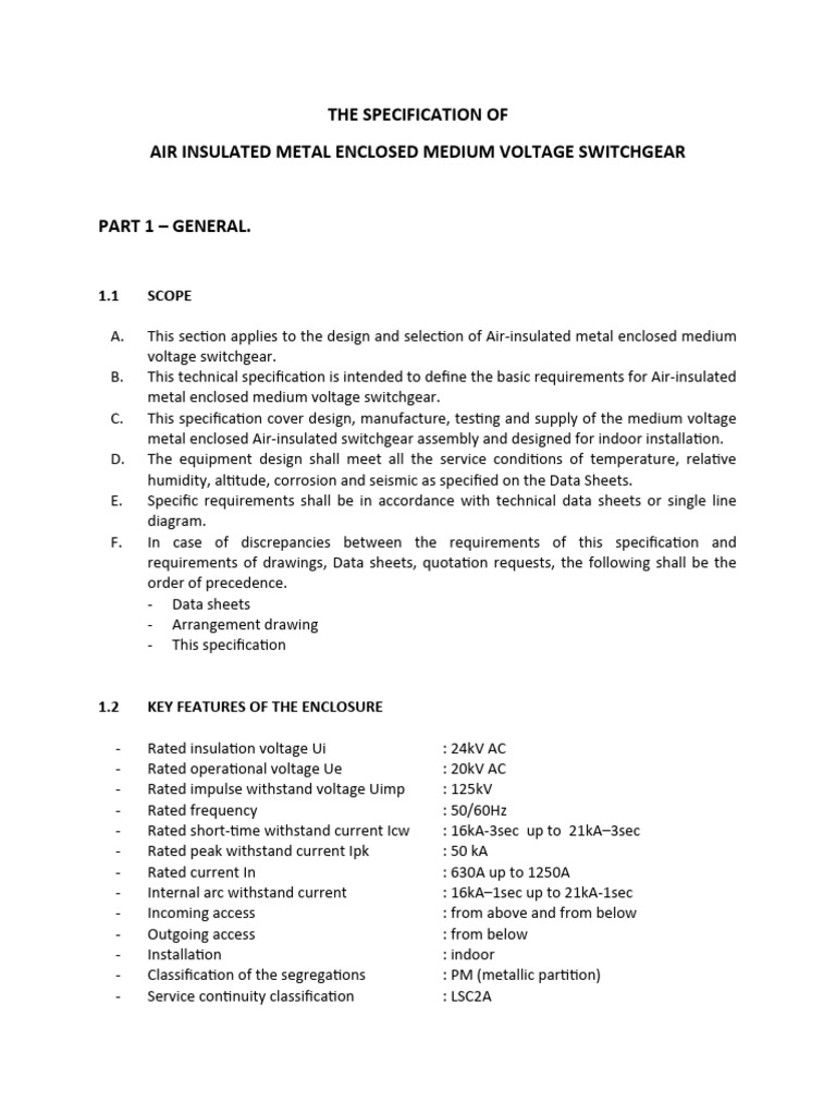 MEDIUM VOLTAGE SWITCHGEAR SPECIFICATION_Irfan Fadhilah Akram | PDF | Electronics | Electrical ...