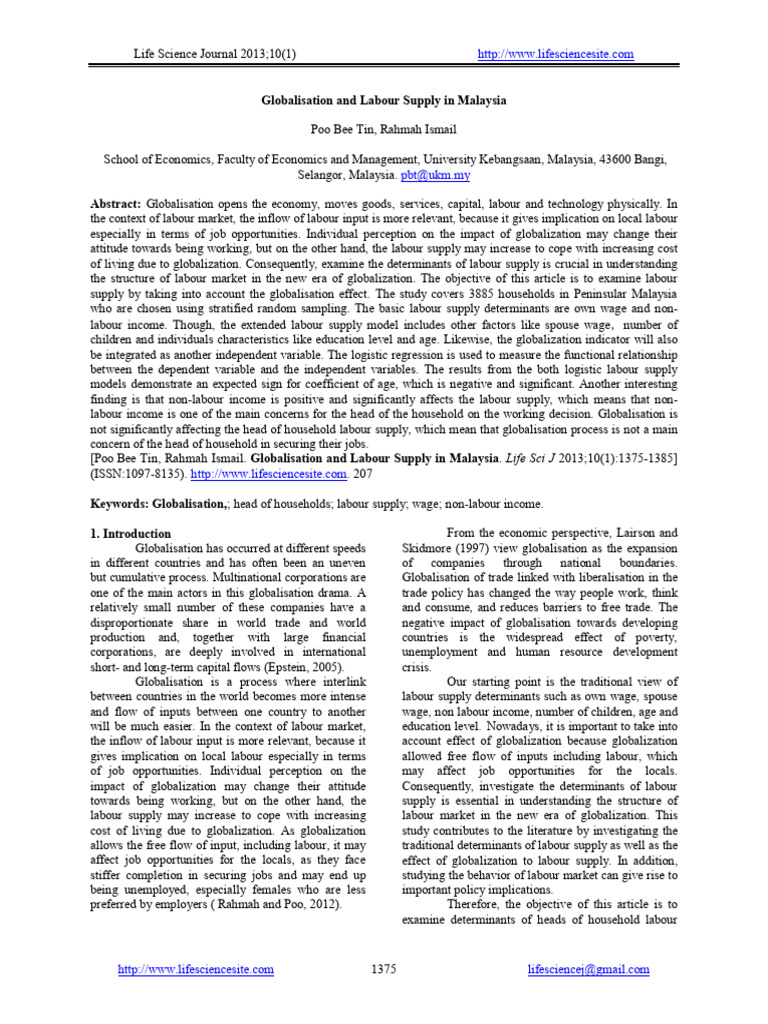Globalisationand Labour Supplyin Malaysia LSJ | PDF | Cost Of Living | Labour Economics