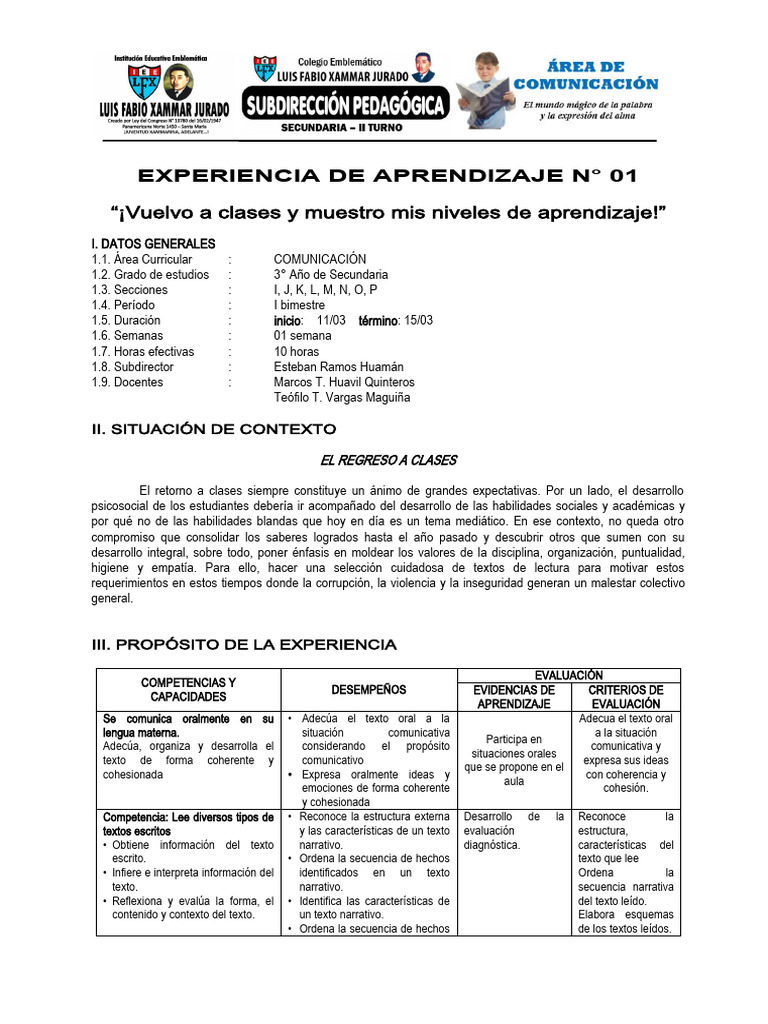 Experiencia de Aprendizaje 1 - 2024 | PDF | Evaluación | Aprendizaje