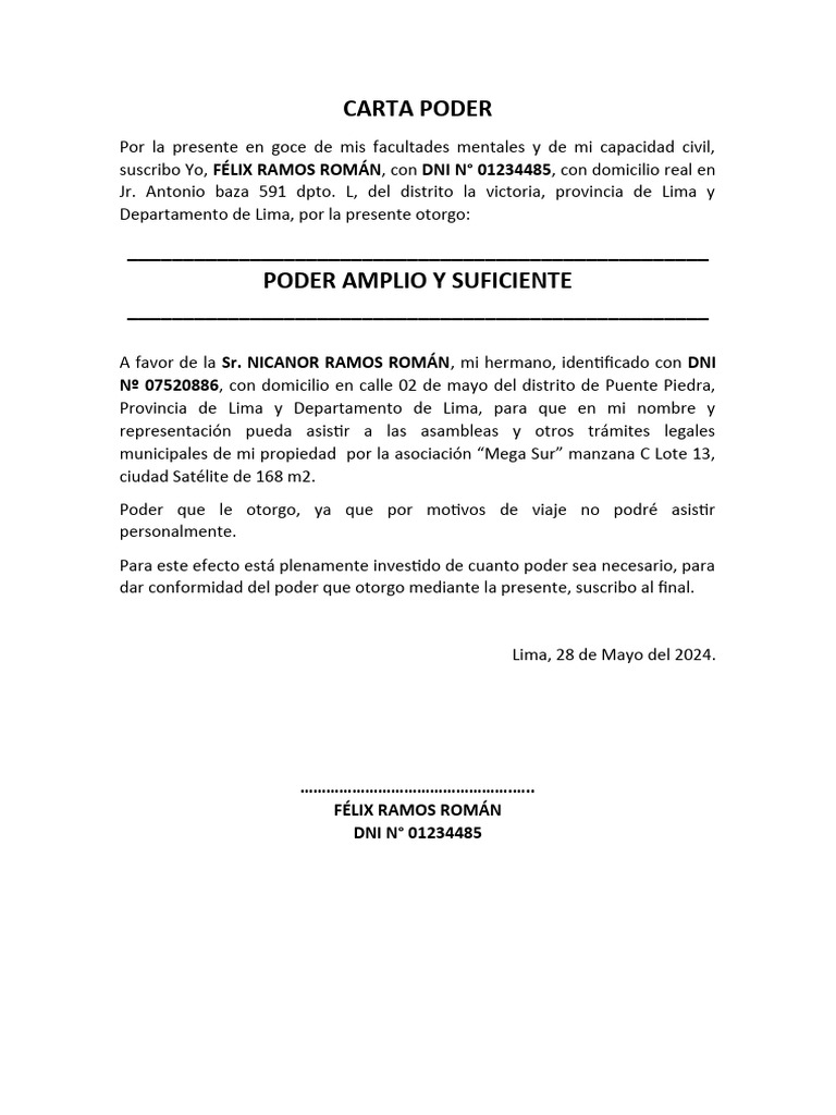 Carta Poder para Representación Legal | PDF