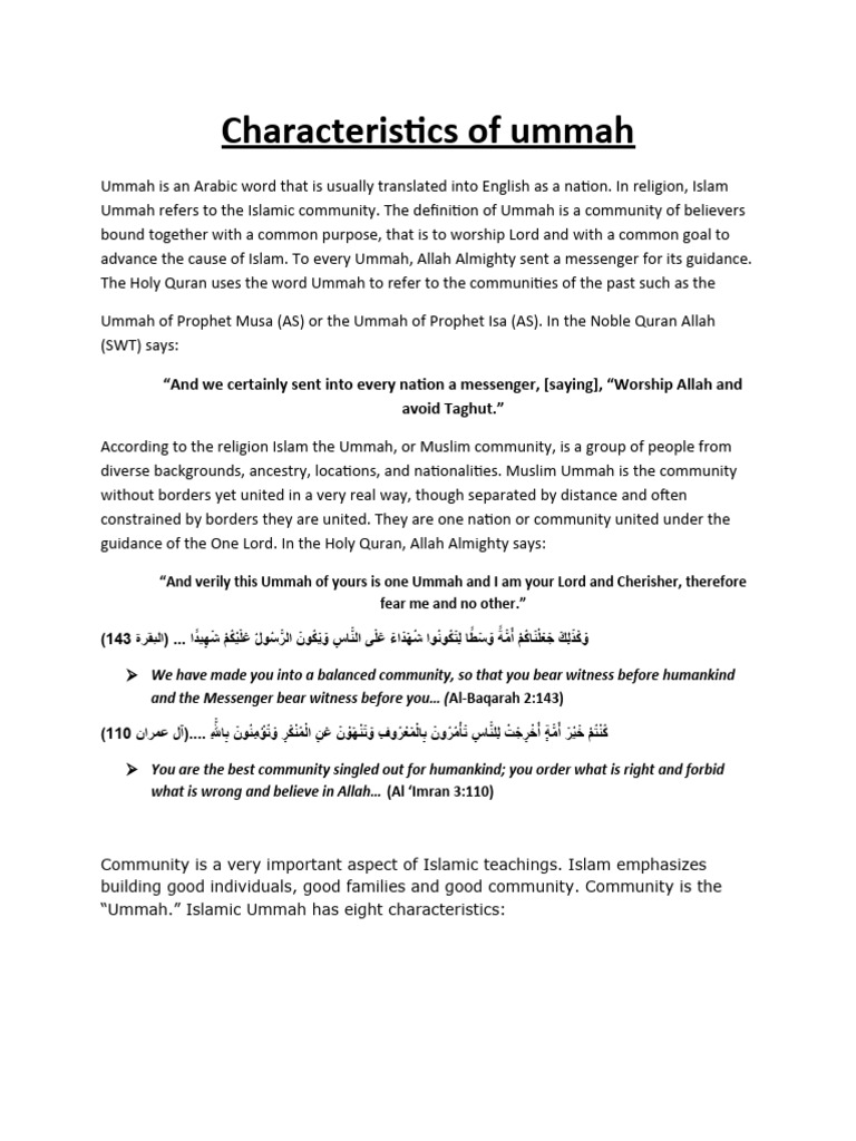 Characteristics of Ummah1 | PDF | Prophets And Messengers In Islam | Ummah