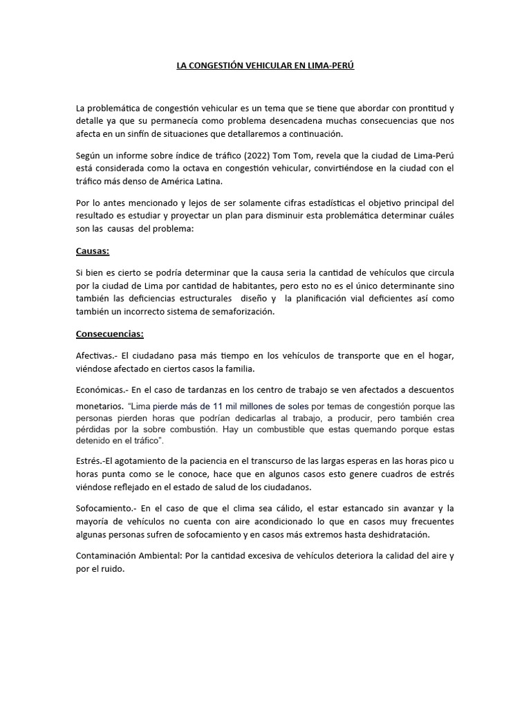 Congestión Vehicular en Lima: Causas y Soluciones | PDF | La congestión ...