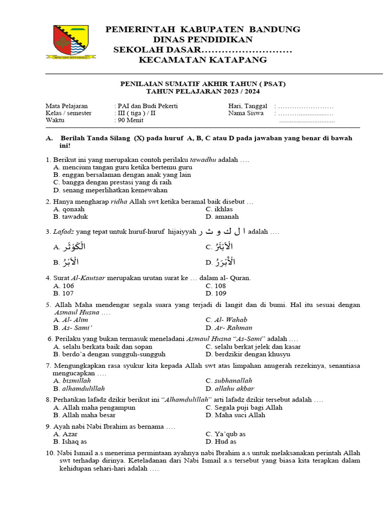 Soal PAI SD Kelas 3 | PDF