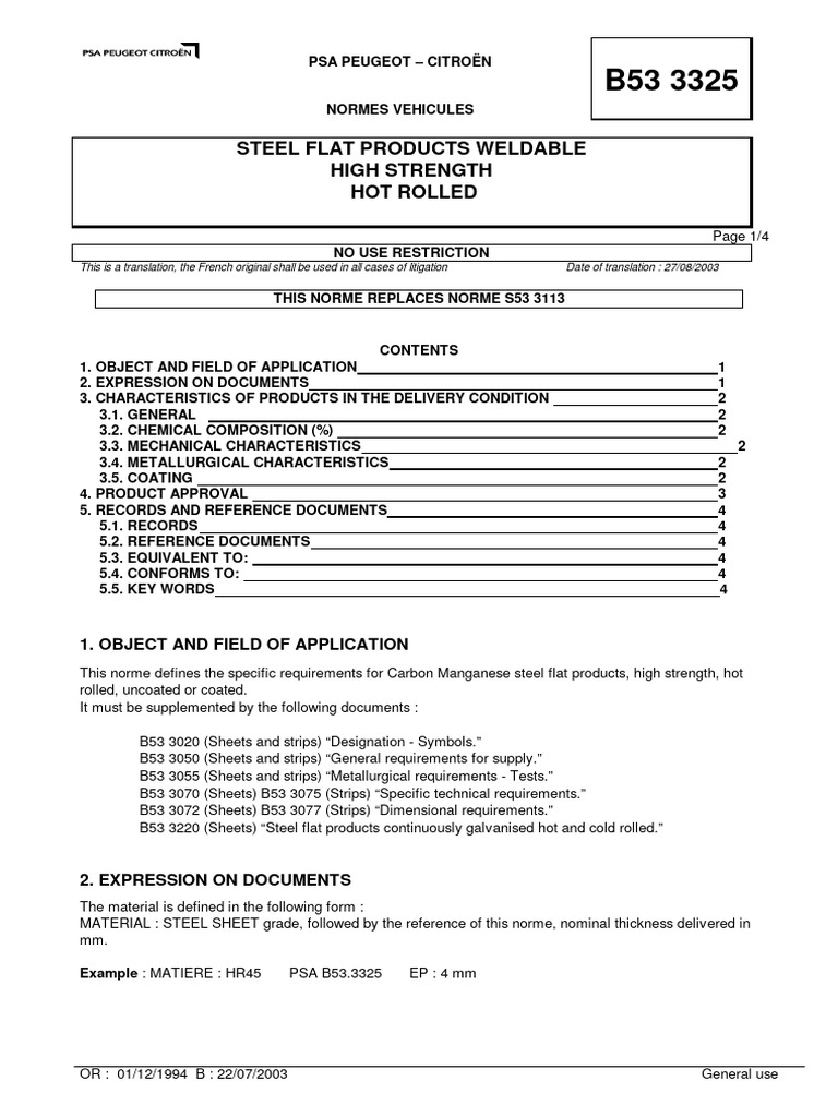Peugeot-B53 3325 - 2003 - (Weldable-High Strength-Hot Rolled) - English | Download Free PDF ...