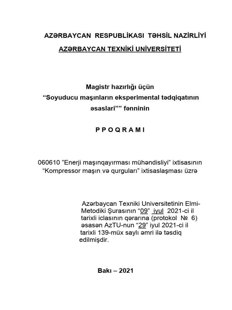 Azərbaycan Respublikasi Təhsil Nazirliyi Azərbaycan Texniki Universiteti | PDF