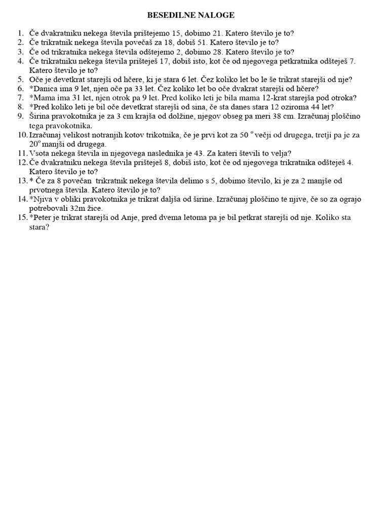 Besedilne Naloge Z Enačbami | PDF
