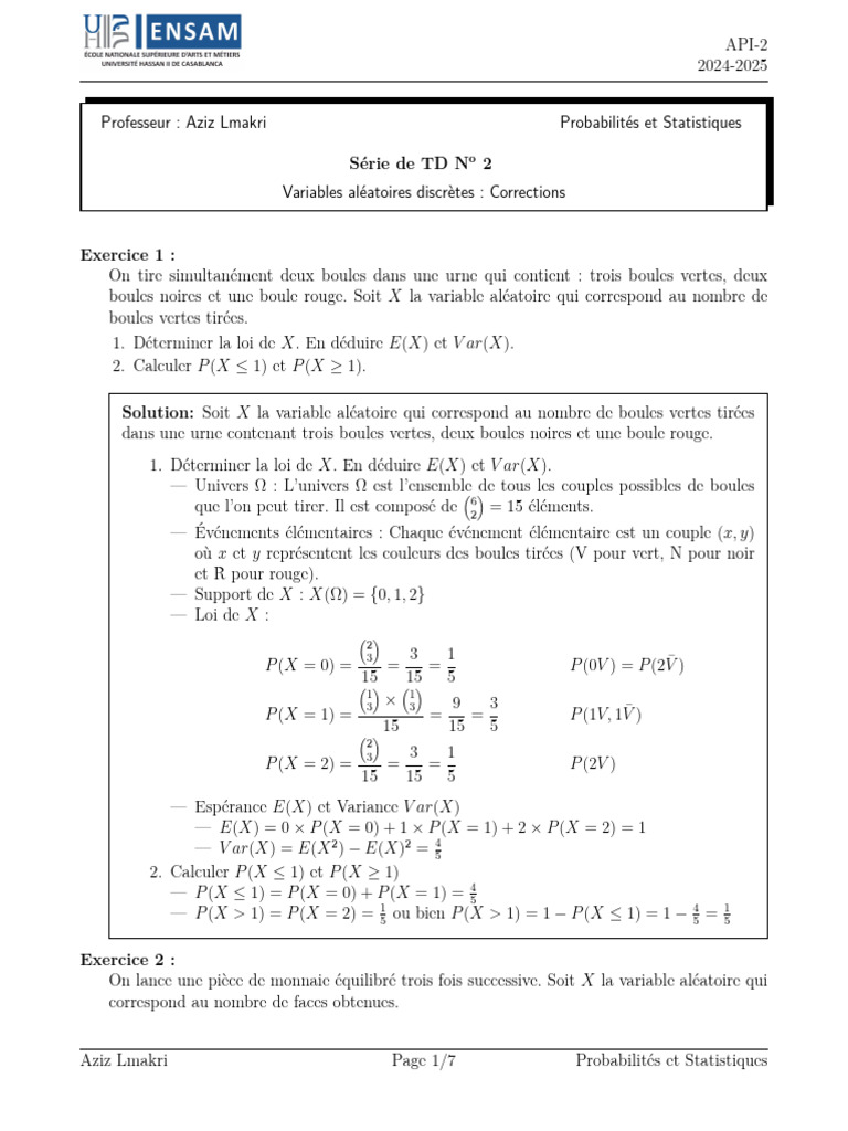 TD 2 Corr | PDF | Loi de probabilité | Espérance mathématique