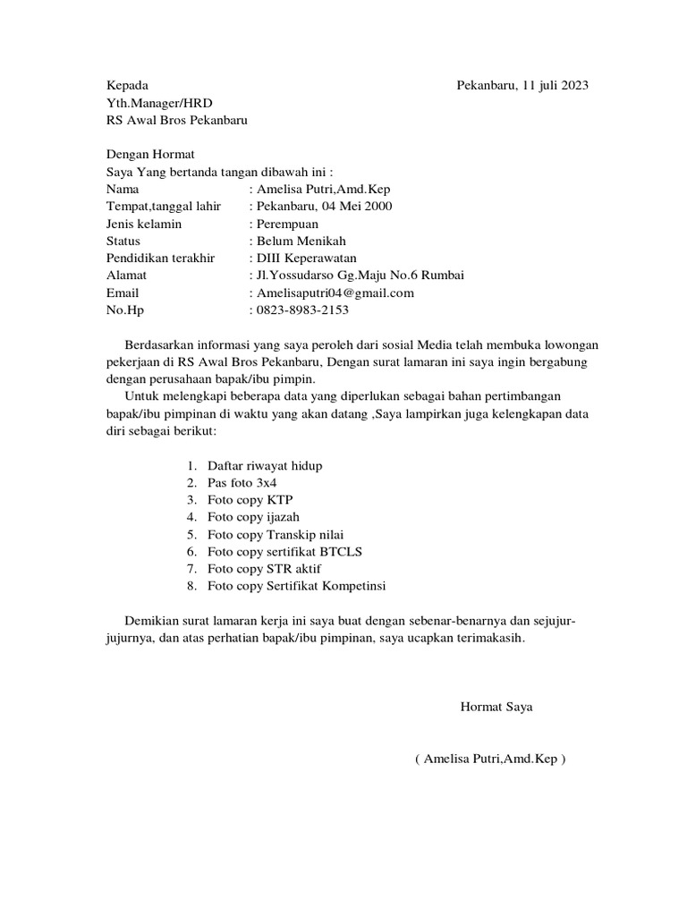 Surat Lamaran Kerja Amelisa Putri | PDF | Kesehatan Holistik