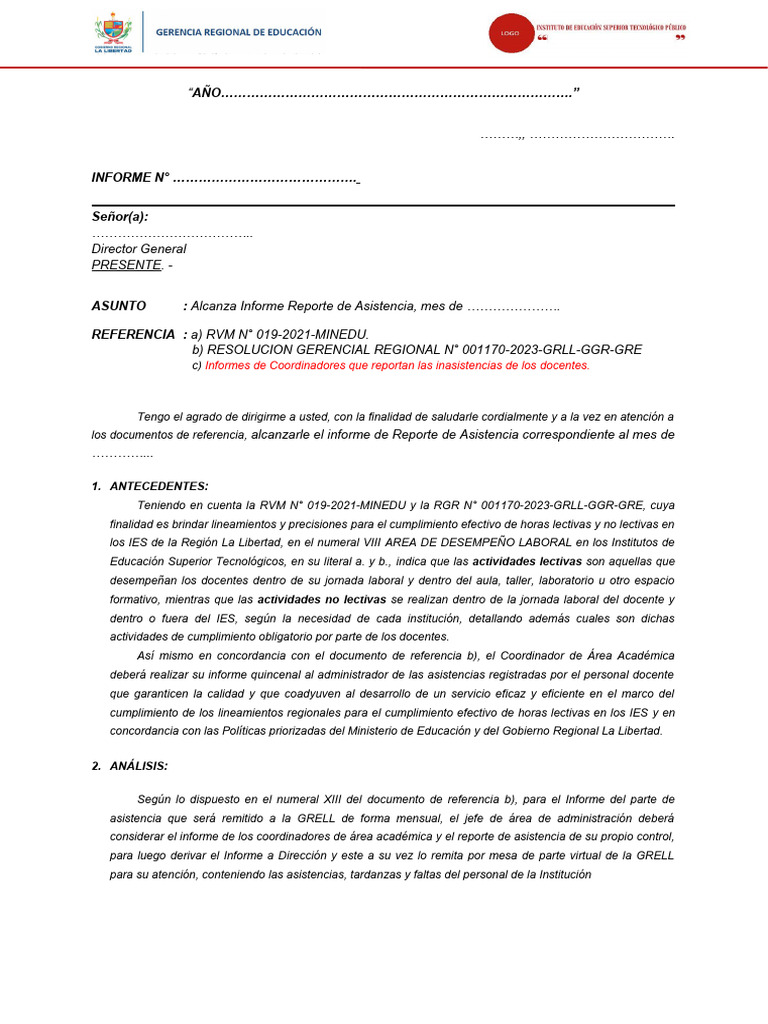 MODELO INFORME REPORTE ASISTENCIA Jefe de Unidad Administrativa | PDF