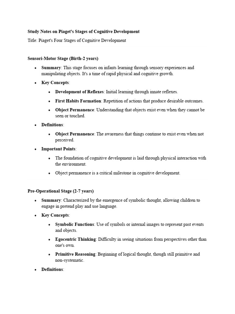 Study Notes On Piagets Stages of Cognitive Development | PDF | Thought ...
