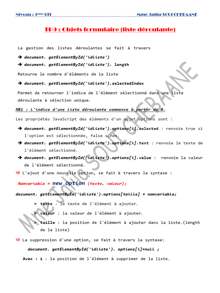 TP Javascript Liste Déroulante (3ème Année Informatique) | PDF | Programmation web | Génie logiciel