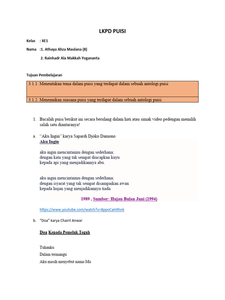 LKPD Puisi Unsur Batin Puisi | PDF | Puisi