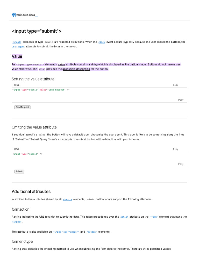 Input Type - Submit - HTML - HyperText Markup Language - MDN | PDF ...