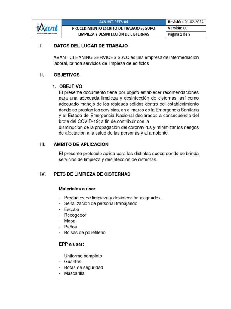 Acs-Sst-Pets-04 Limpieza y Desinfección Cisternas | PDF | Agua
