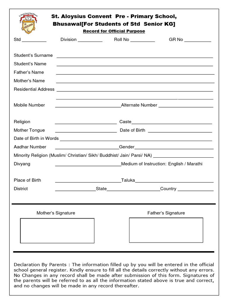 Form For Students of Sr. KG Coming To 1st | PDF | Wellness