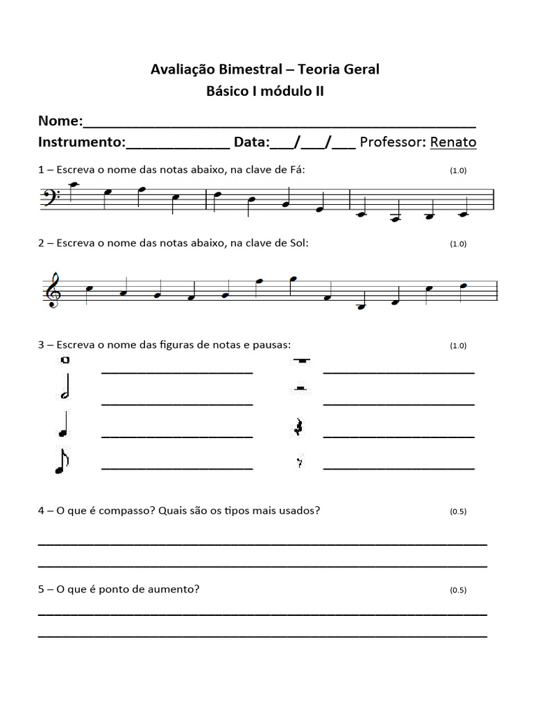 Avaliac A o Teoria Musical BIMII Bim2 | PDF | Teoria da Música | Notação