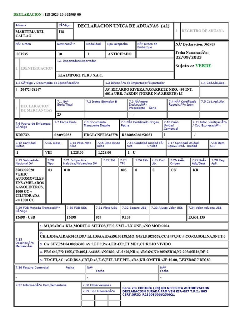 Serie de La Declaración DUA LIGIA | PDF