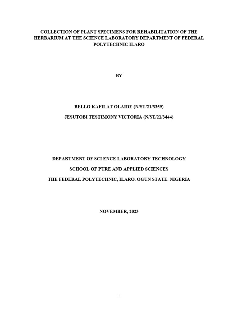 Collection of Plant Specimens For Rehabilitation of The Herbarium at ...