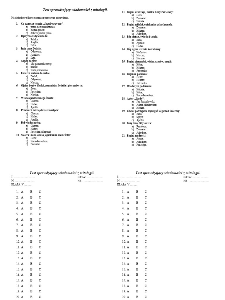 5 Mitologia - Test (1) Ważny | PDF